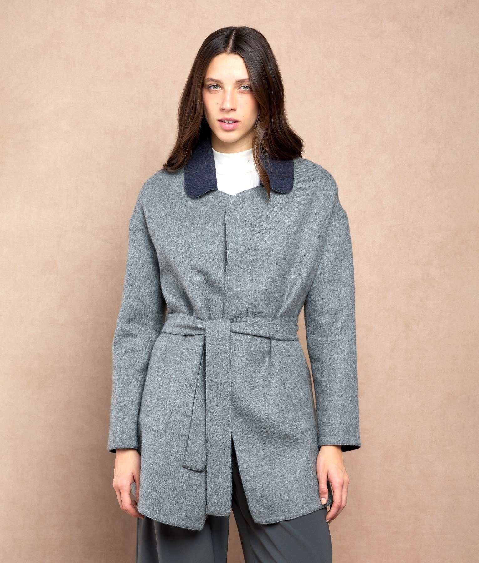 Reversible Wrap Coat - Grey and Blue - Women's